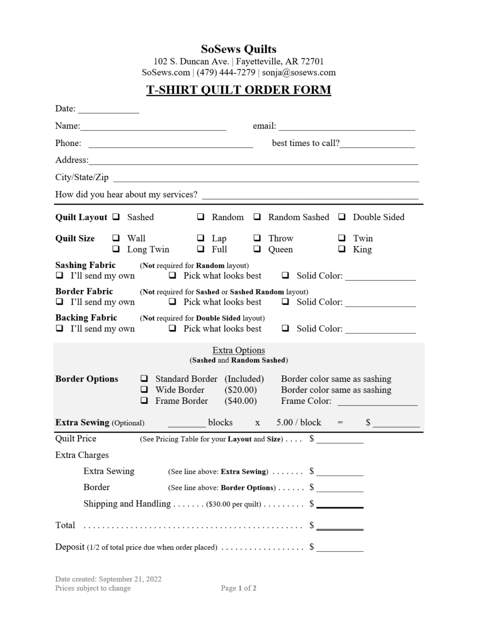 Order Form - SoSews Quilts